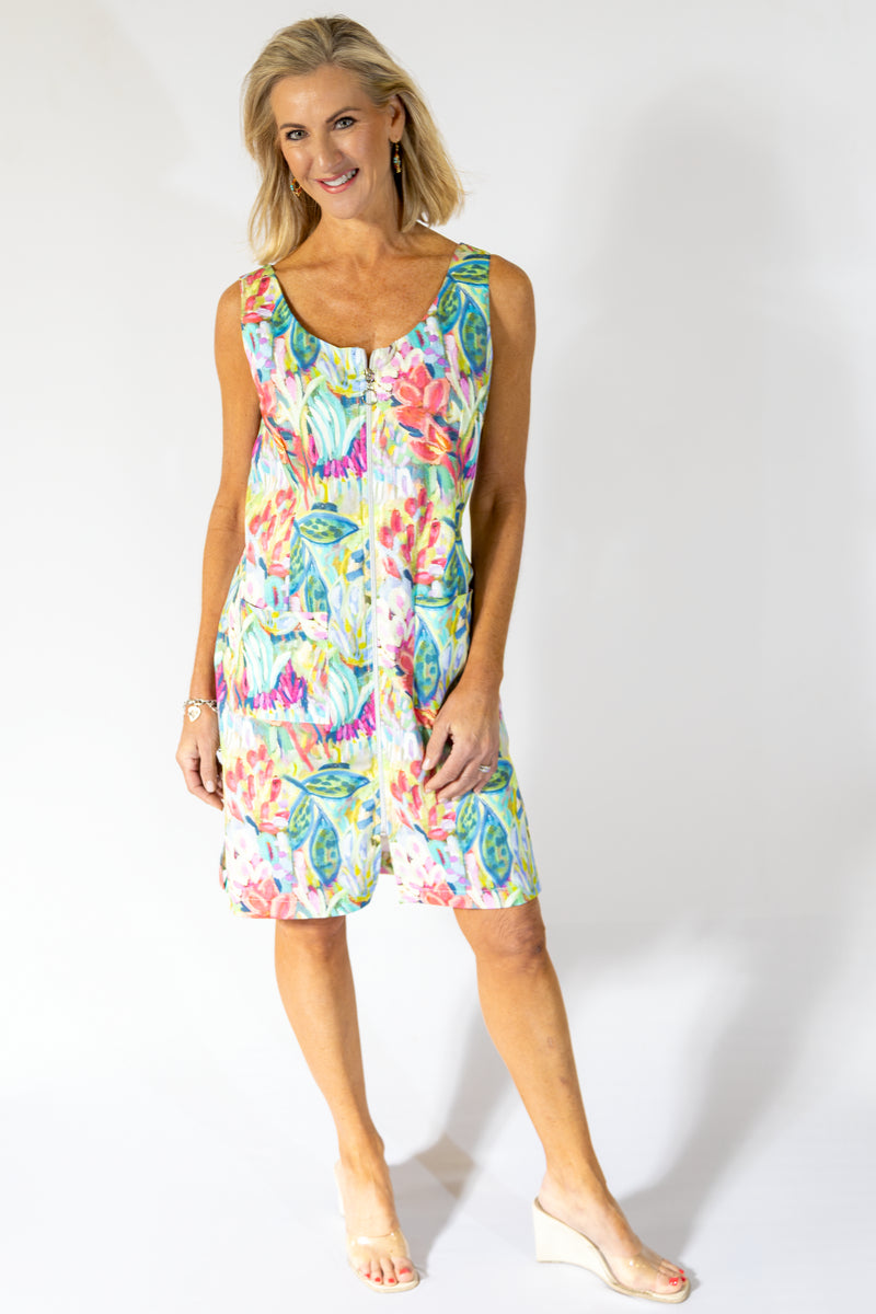 Classic Stretch Zip-Thru Midi Sundress | Vibrant Floral – Calypso